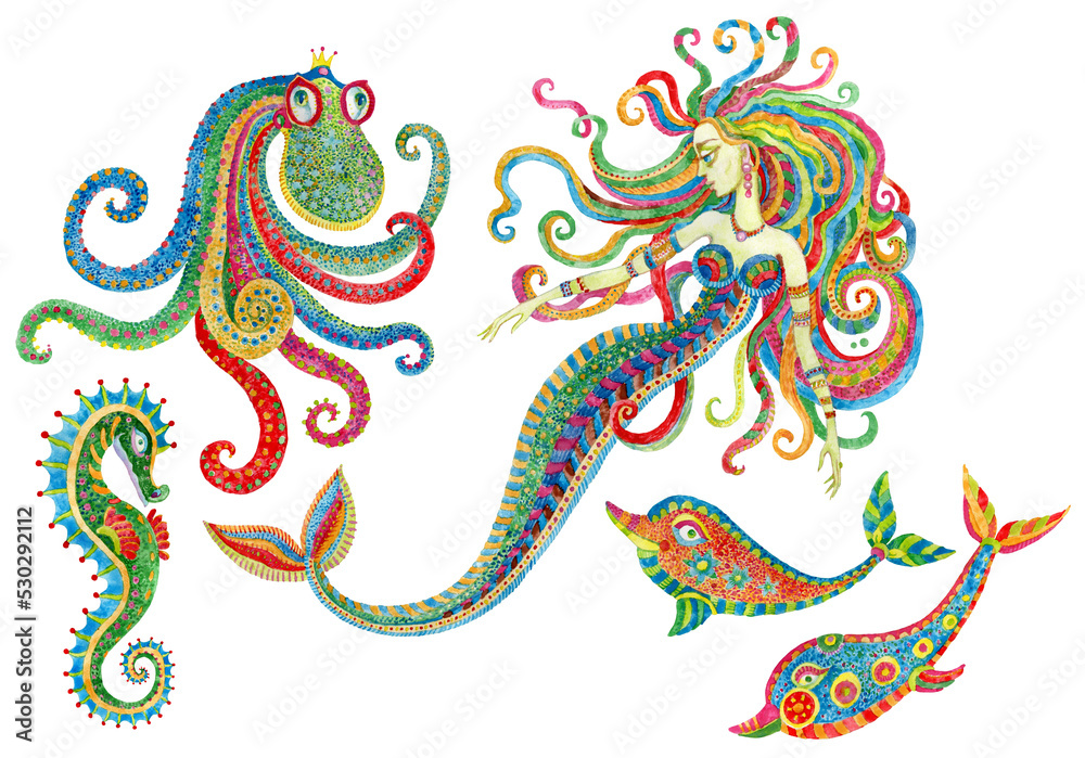 Watercolor fantasy mermaid and fairy tale octopus princess, dolphins ...