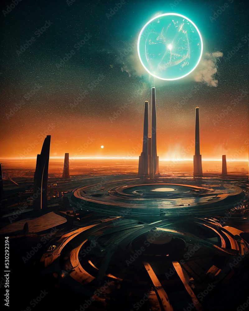 Space Portal Generation above Futuristic Metropolis on Alien Planet Art ...