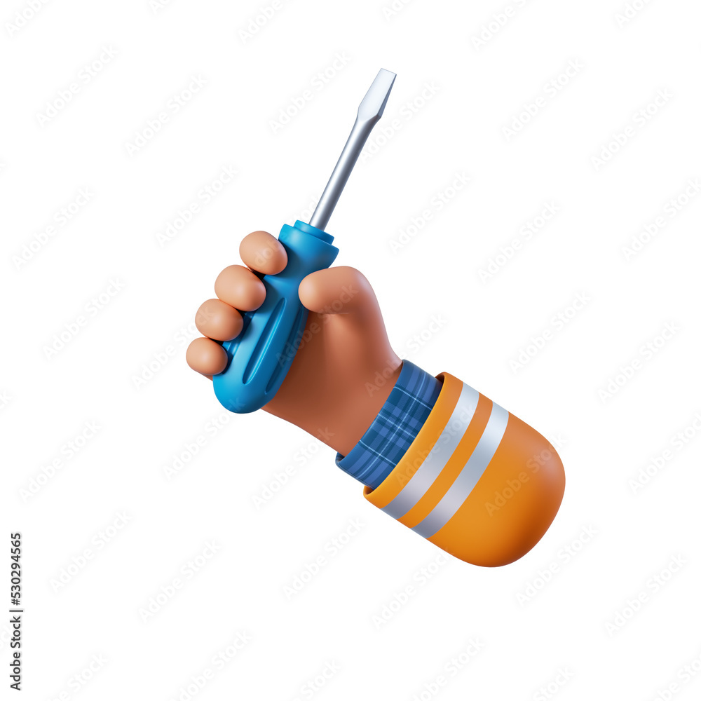 3d render, cartoon human hand holds screwdriver. Professional builder ...