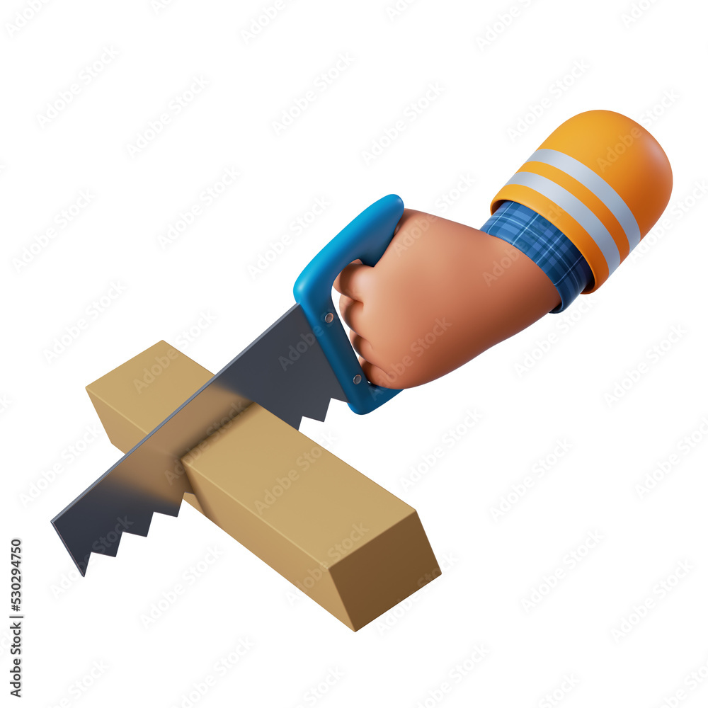 3d render, cartoon human hand holds jigsaw. Professional carpenter or ...