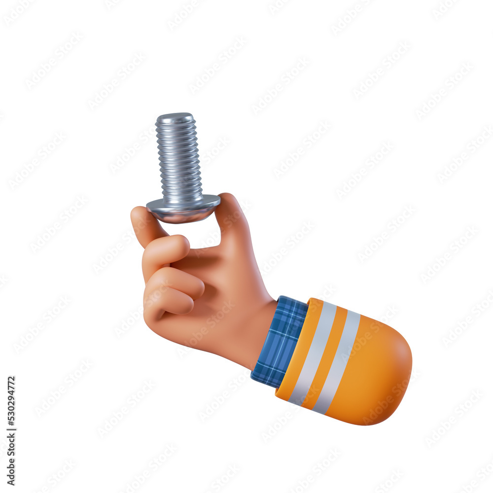 3d render, cartoon caucasian human hand holds bolt screw. Construction ...