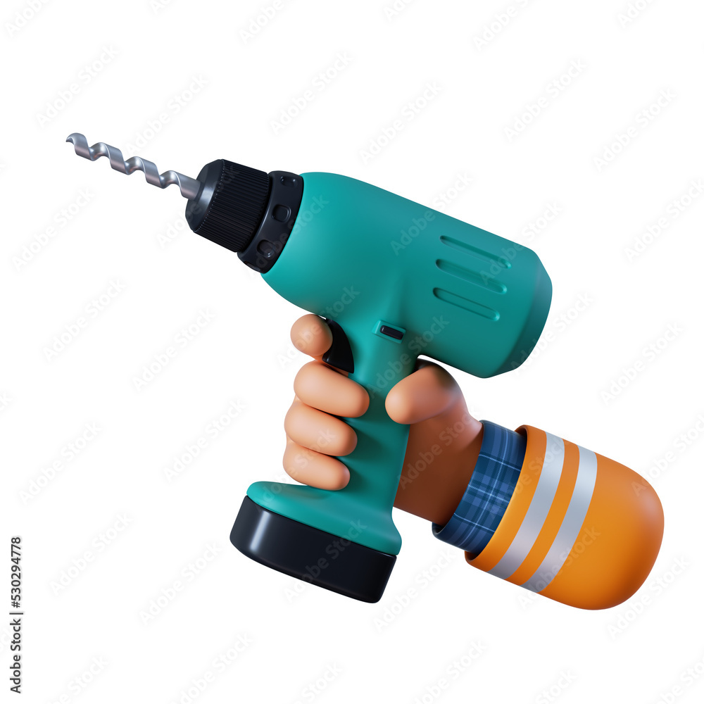 3d render, cartoon caucasian human hand holds blue electric drill ...