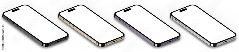 iPhone 14 Pro with blank transparent screen and background, standing on ...