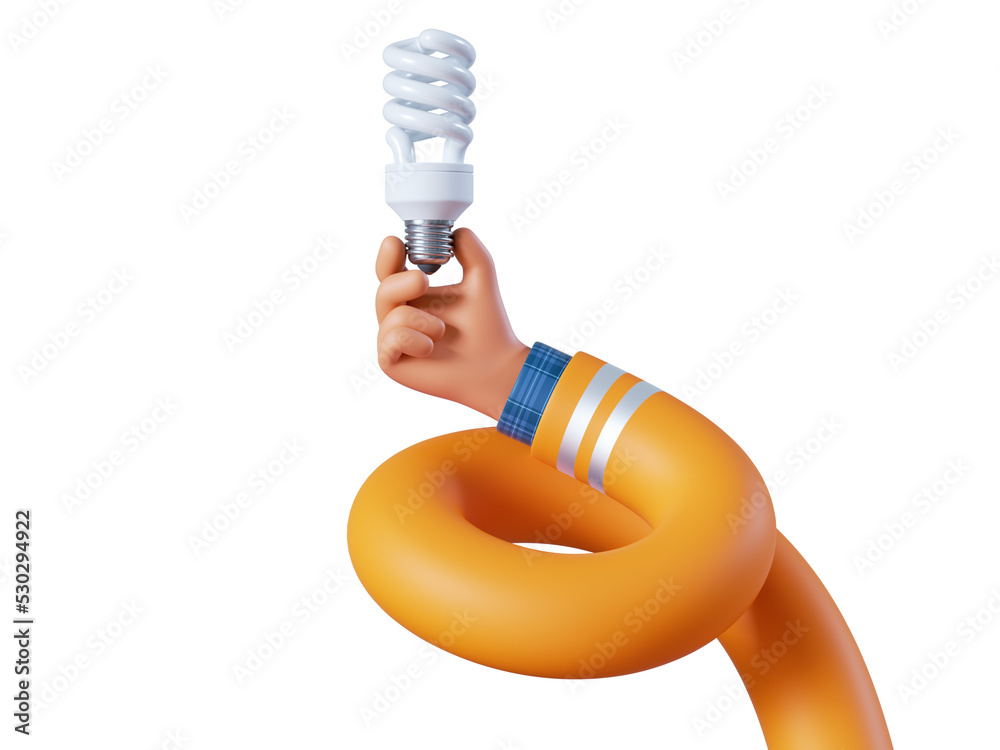 3d render, twisted long cartoon human hand holds energy saving bulb ...