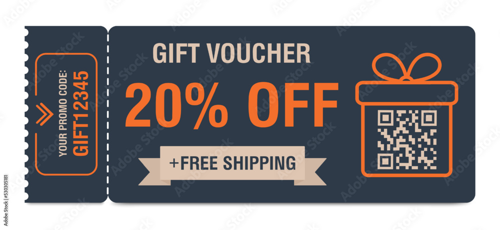 Discount coupon 20 percent off. Gift voucher with percentage marks, qr ...