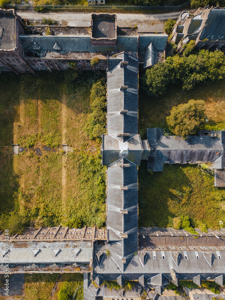 Aerial birds eye view of abandoned mansion house and boarding school ...