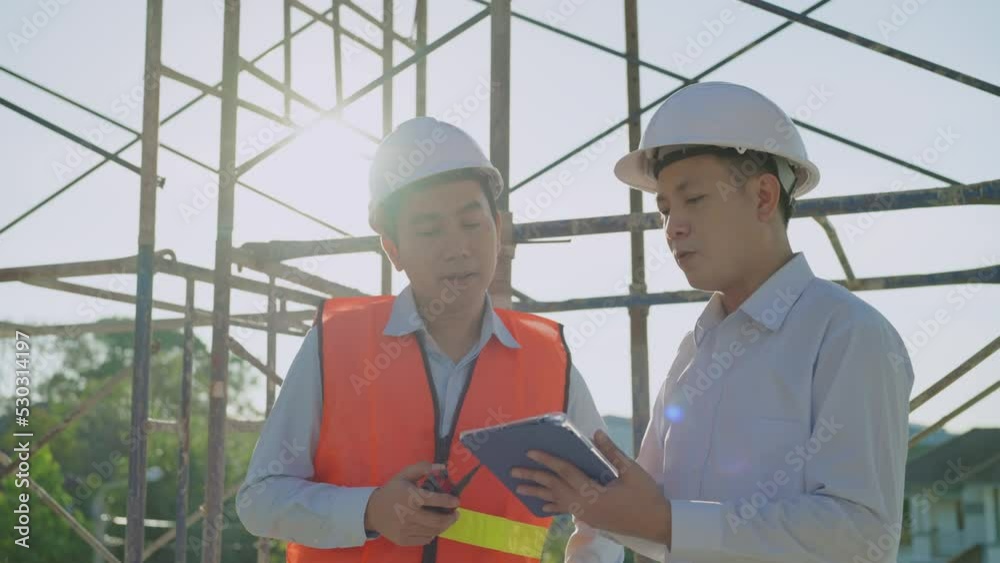 Front View of Engineers and architects in safety uniforms and hard hats ...