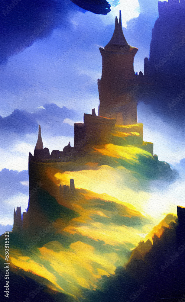 Abstract painting flat illustration of medieval old fantasy castle on ...