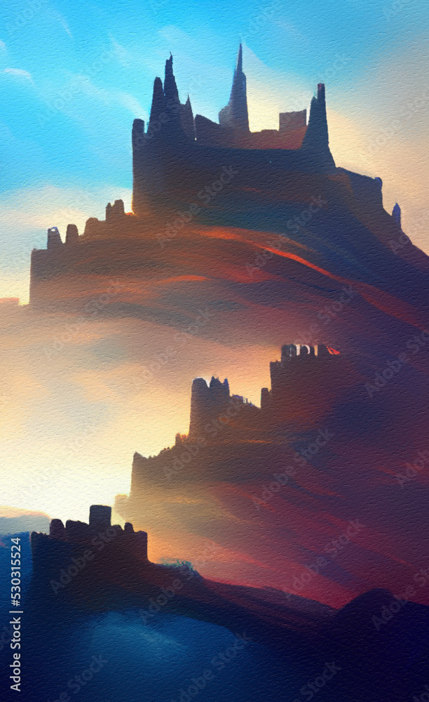 Abstract painting flat illustration of medieval old fantasy castle on ...