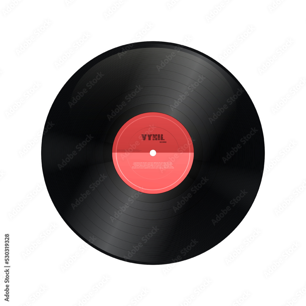 Gramophone vinyl LP record with red label. Black musical long play ...