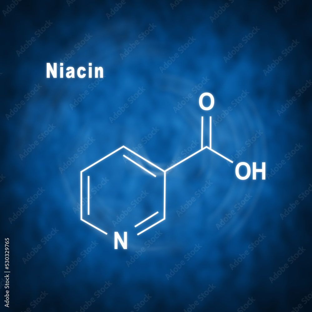 Niacin (nicotinic acid) molecule, vitamin B3 Structural chemical ... Niacin (nicotinic acid) molecule, vitamin B3 Structural chemical ...