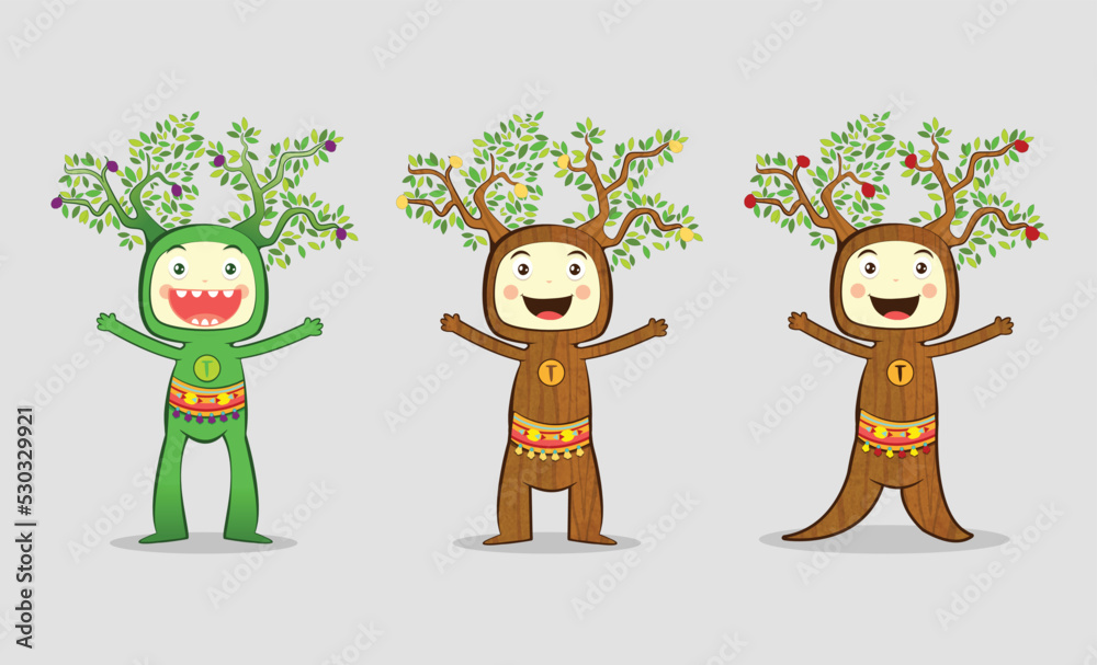 Set of cute comic tree characters. Cartoon vector illustration on white ...