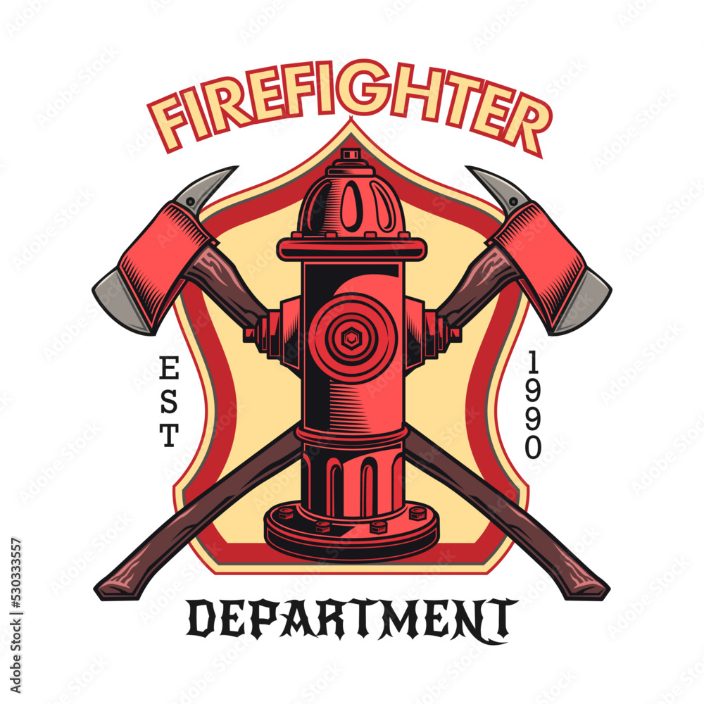 Firefighter patch. Badges with axes, hydrant, red heraldry with ribbons ...