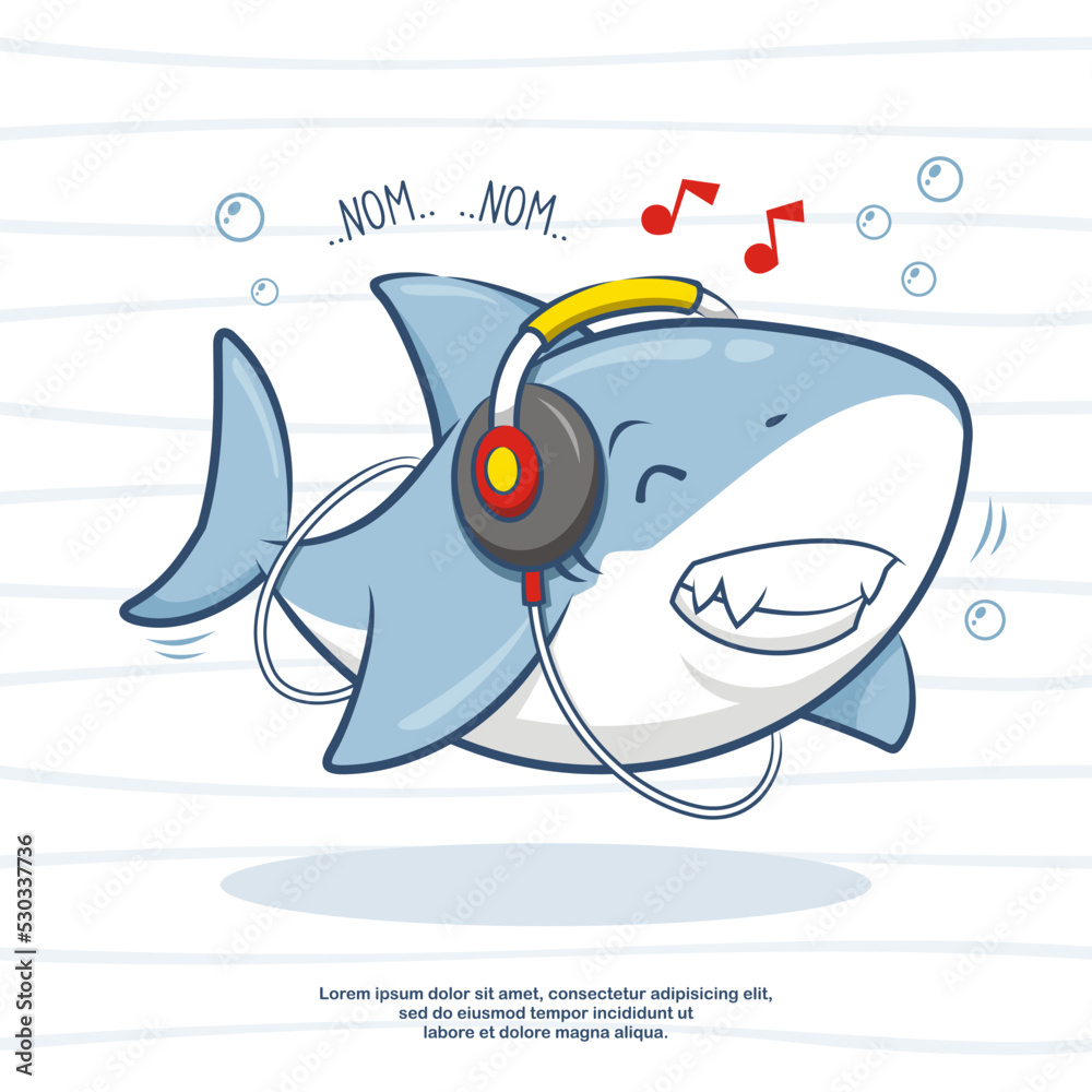 Cute Shark Listening To Music With Headset, Cartoon Illustration Stock ...