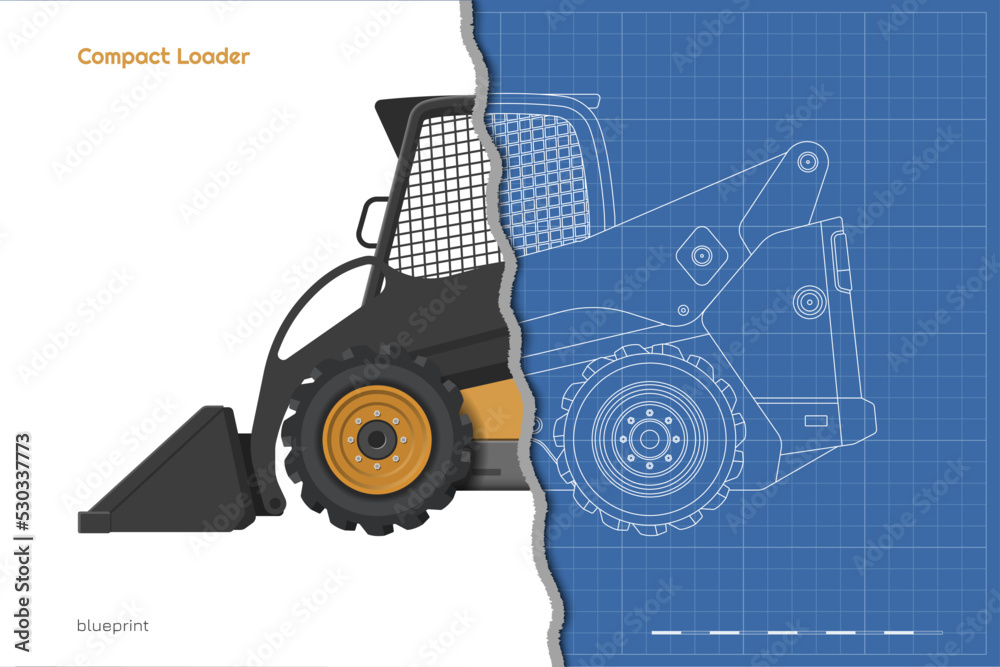 Orange compact loader. Outline side view. Isolated drawing of mini ...