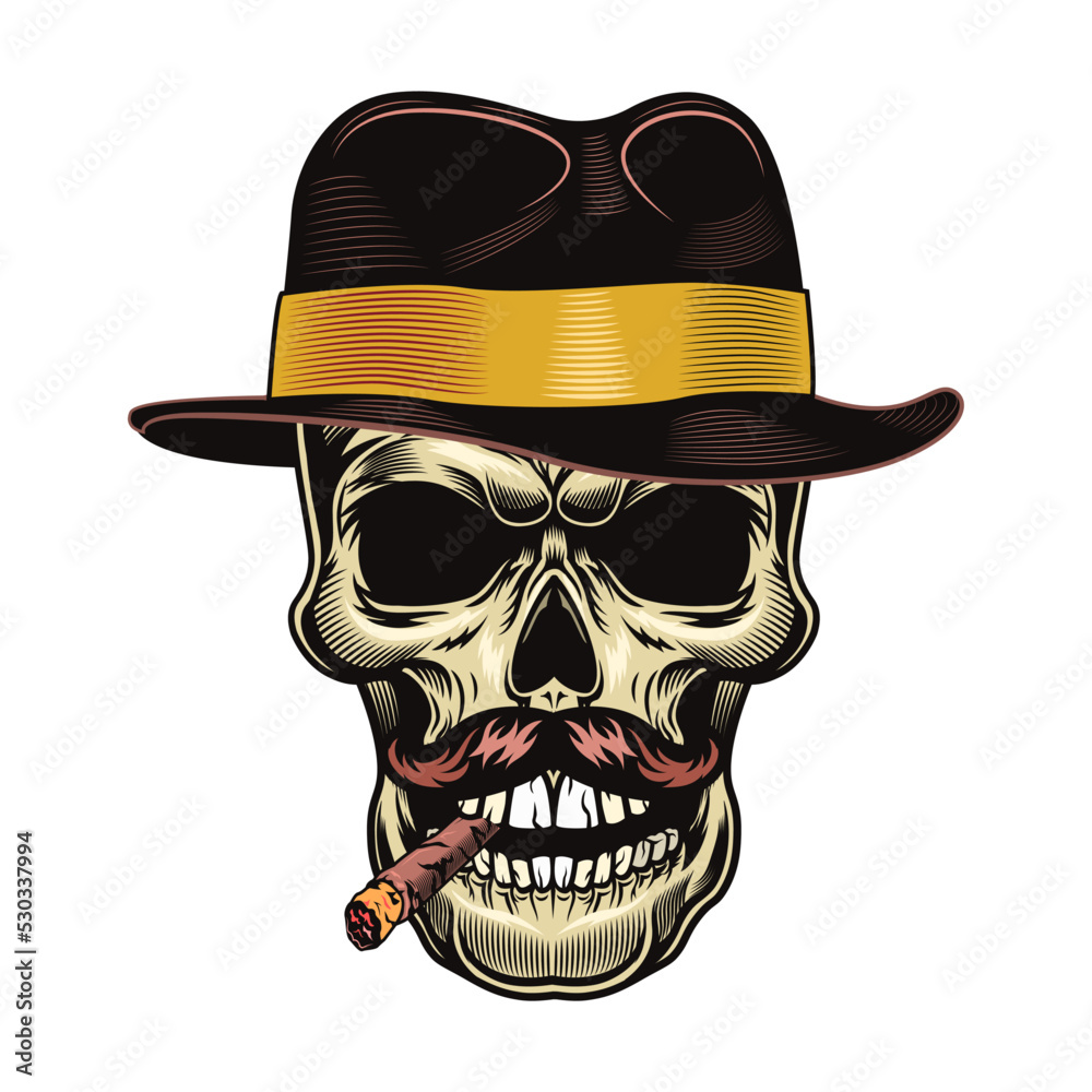 Black mafia and gangsters flat illustration. Colored retro bandit skull ...