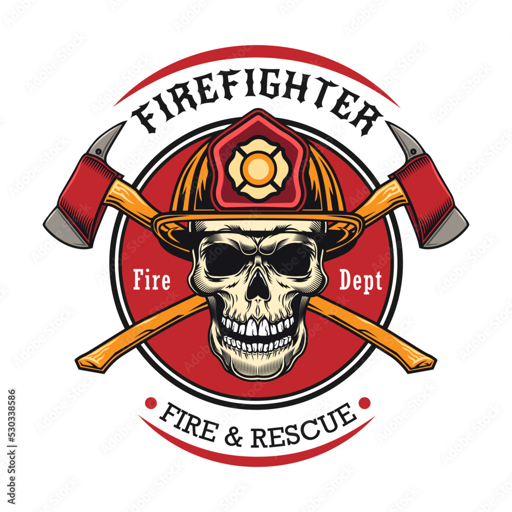 Firefighter patch. Badges with skulls in helmets, axes, hydrant, red ...