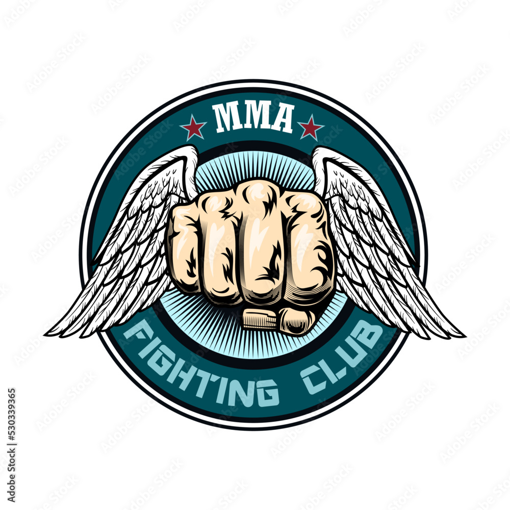 Fight club with fist flat label. Boxing and fighting club emblem with ...