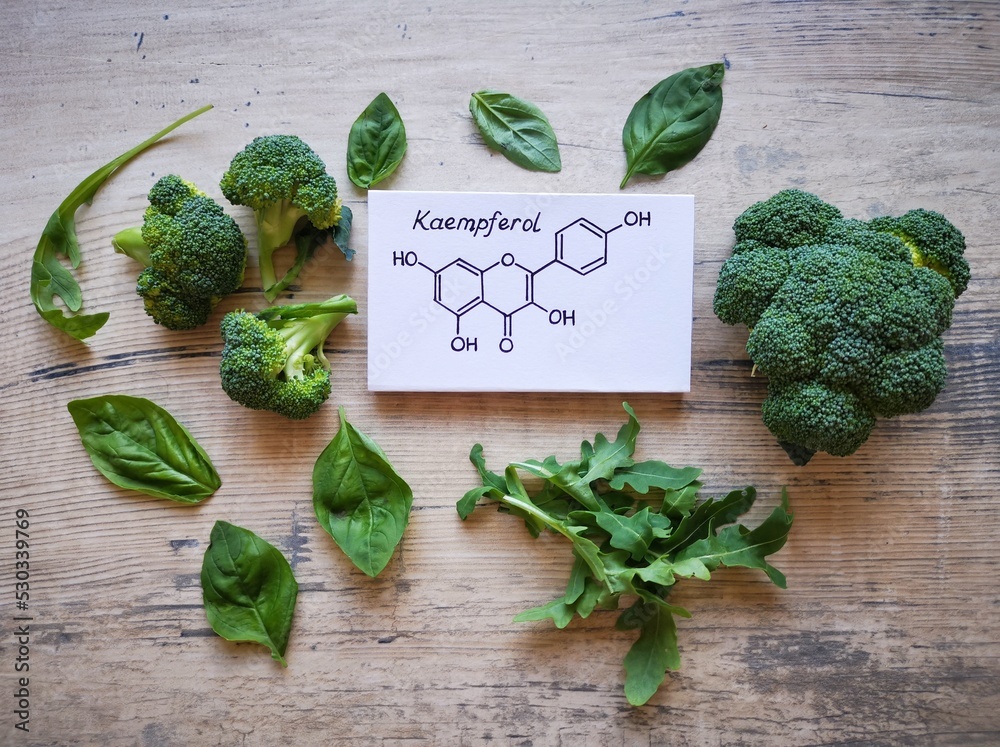 Healthy foods high in kaempferol with structural chemical formula of ...