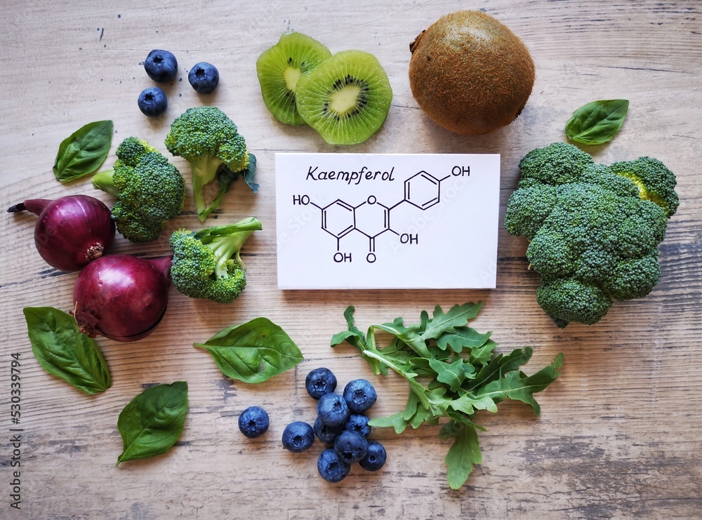 Healthy foods high in kaempferol with structural chemical formula of ...