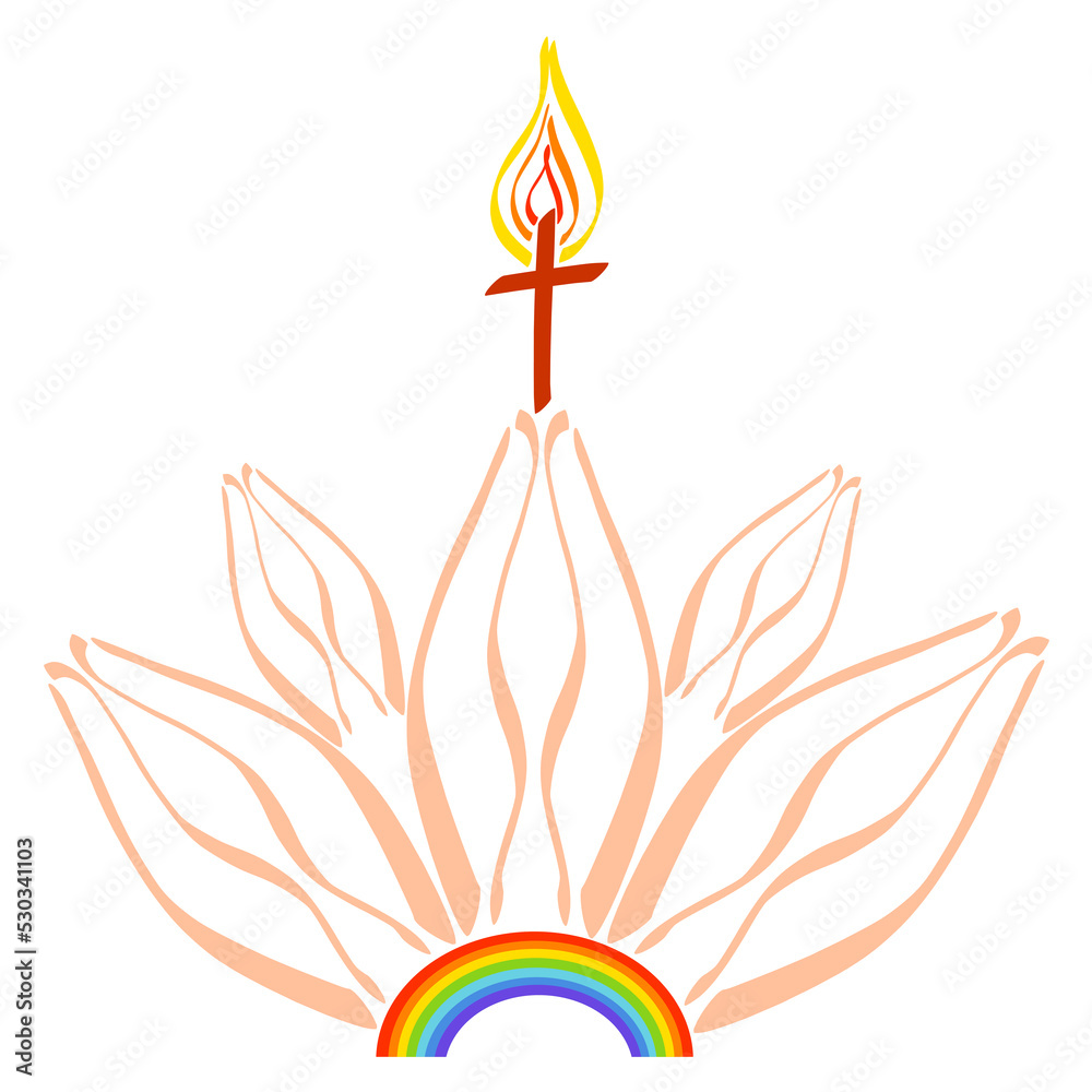 hands of praying people look like a blooming lily, a rainbow as a ...