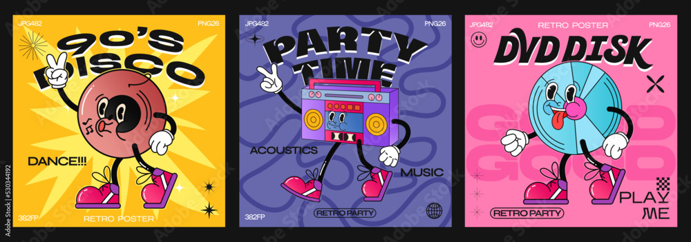 90s retro disco cartoon characters. Fashion poster. funny colorful ...