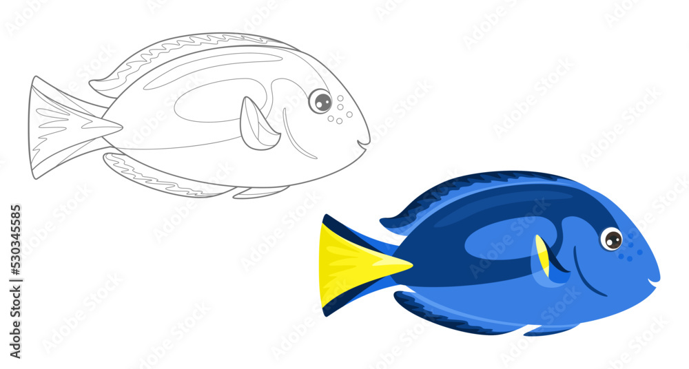 Coloring page outline of cartoon Blue tang. Funny vector ocean coral ...