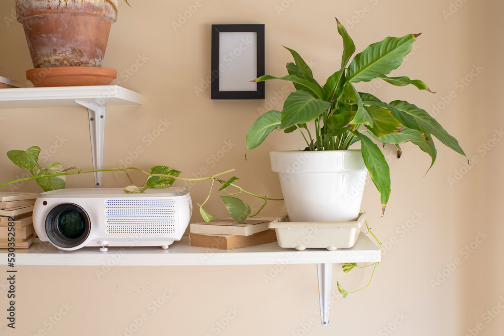 Espacio interior con libros plantas y proyector, espacio para relajarse ...