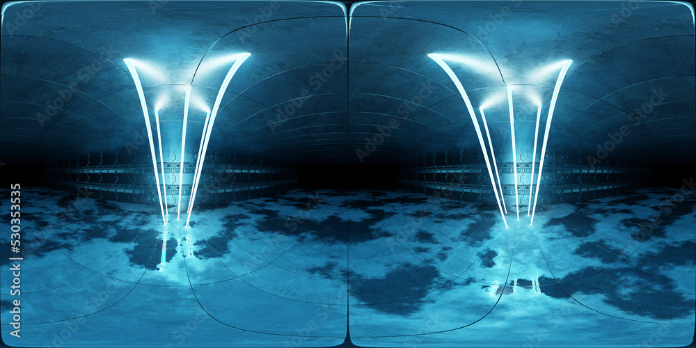 Futuristic neon lights interior Hdri. 360 panoramic view of a cyber ...