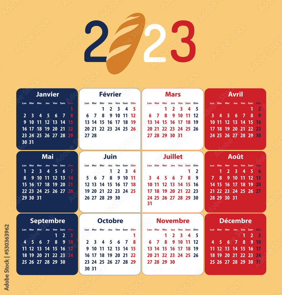 French calendar for 2023. Bread baton Stock Vector | Adobe Stock