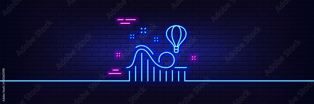 Neon light glow effect. Roller coaster line icon. Amusement park sign ...