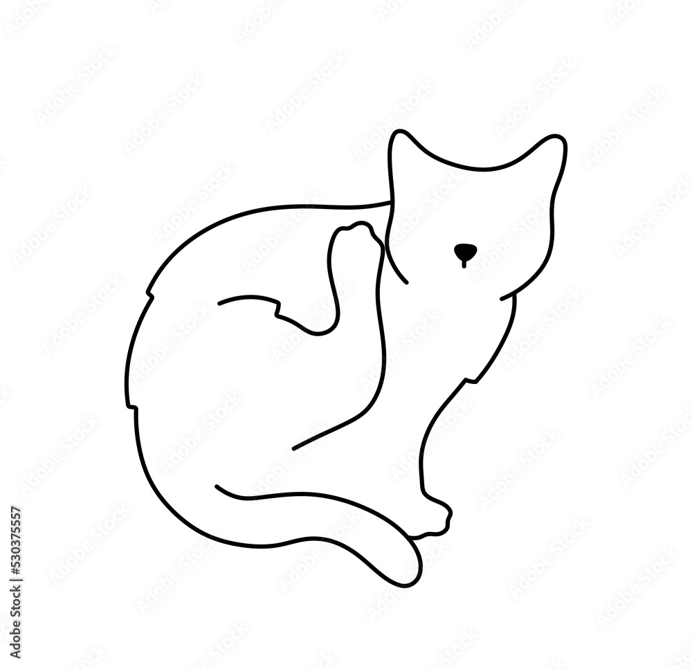 Vector isolated one sitting cat scratching head with hind paw colorless ...