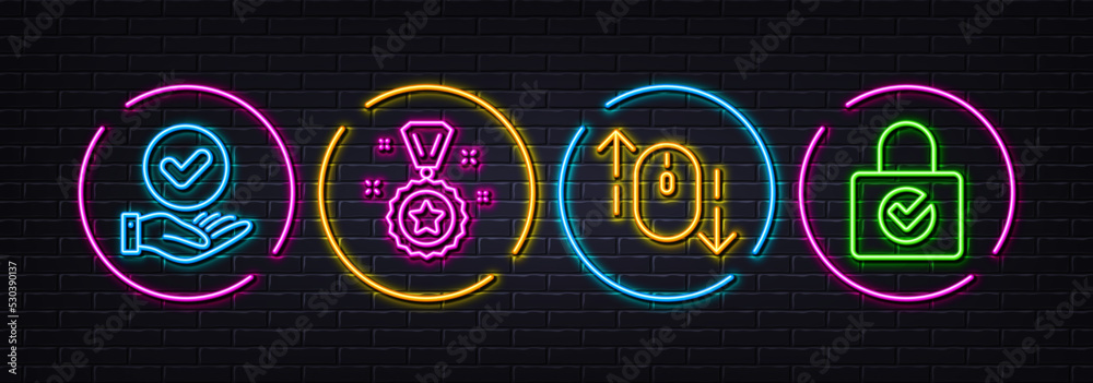 Approved checkbox, Winner reward and Scroll down minimal line icons. Neon laser 3d lights ...