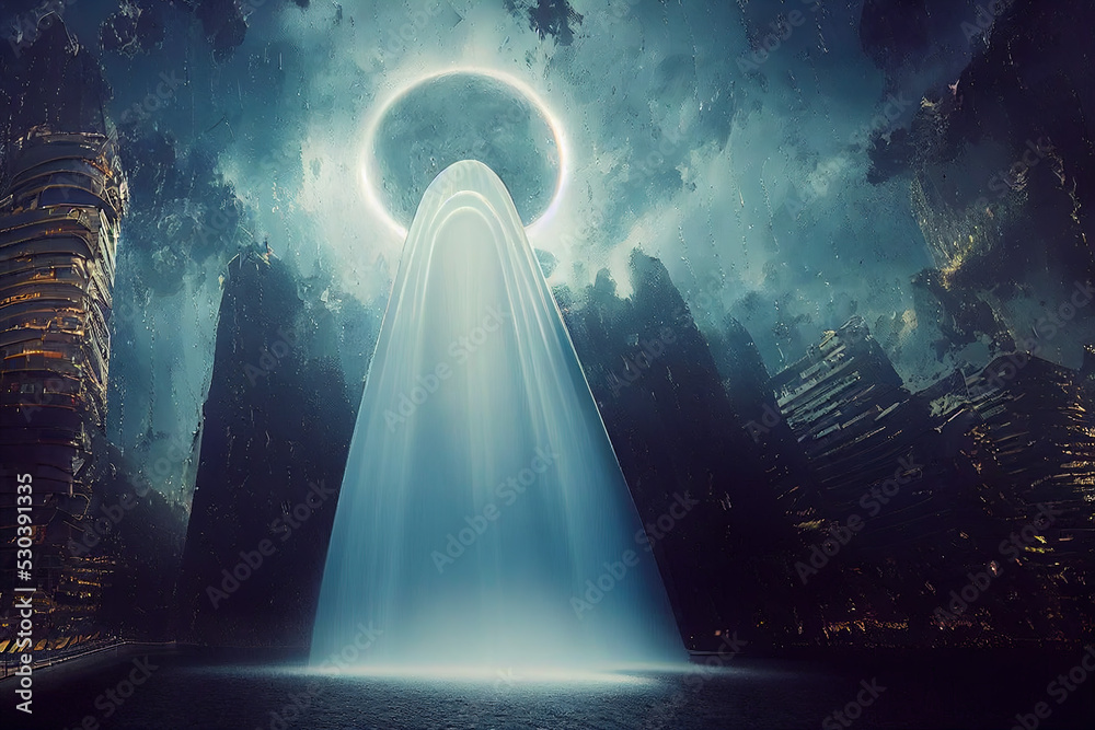 Big Moon Light Waterfall in the City. Fantasy Backdrop. Concept Art ...
