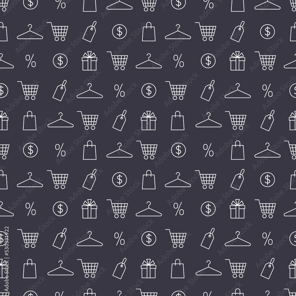 Seamless pattern with shopping theme icons. Line art. White icons on ...