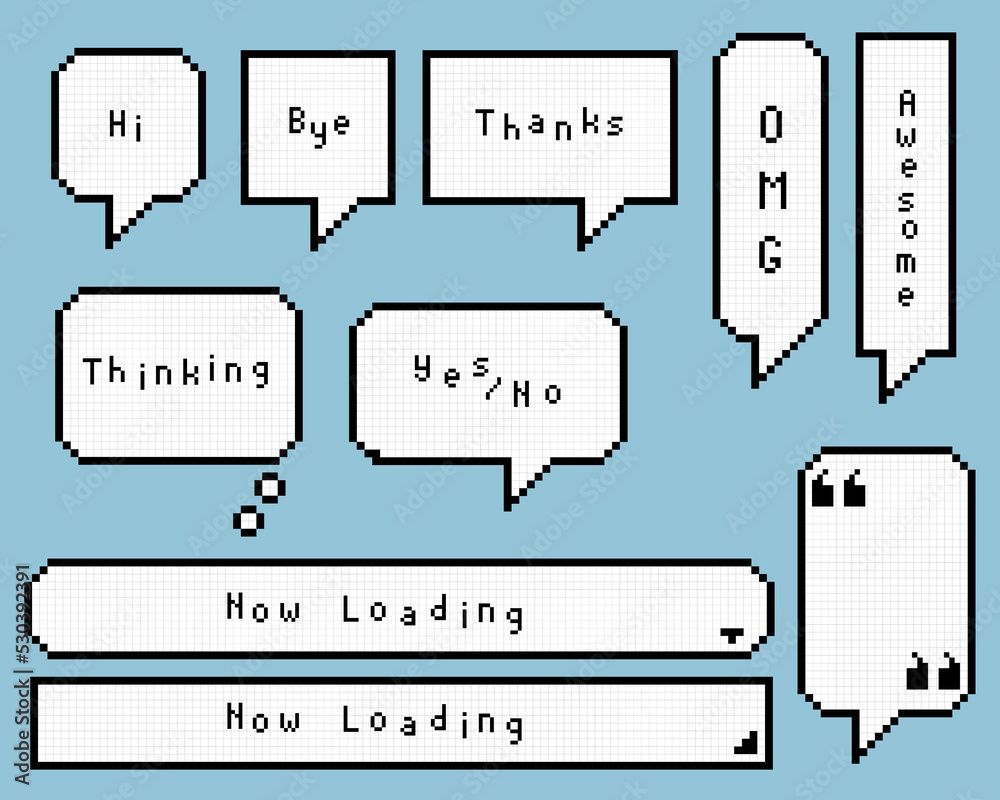 collection set of retro game 8 bit pixel speech bubble balloon, text ...