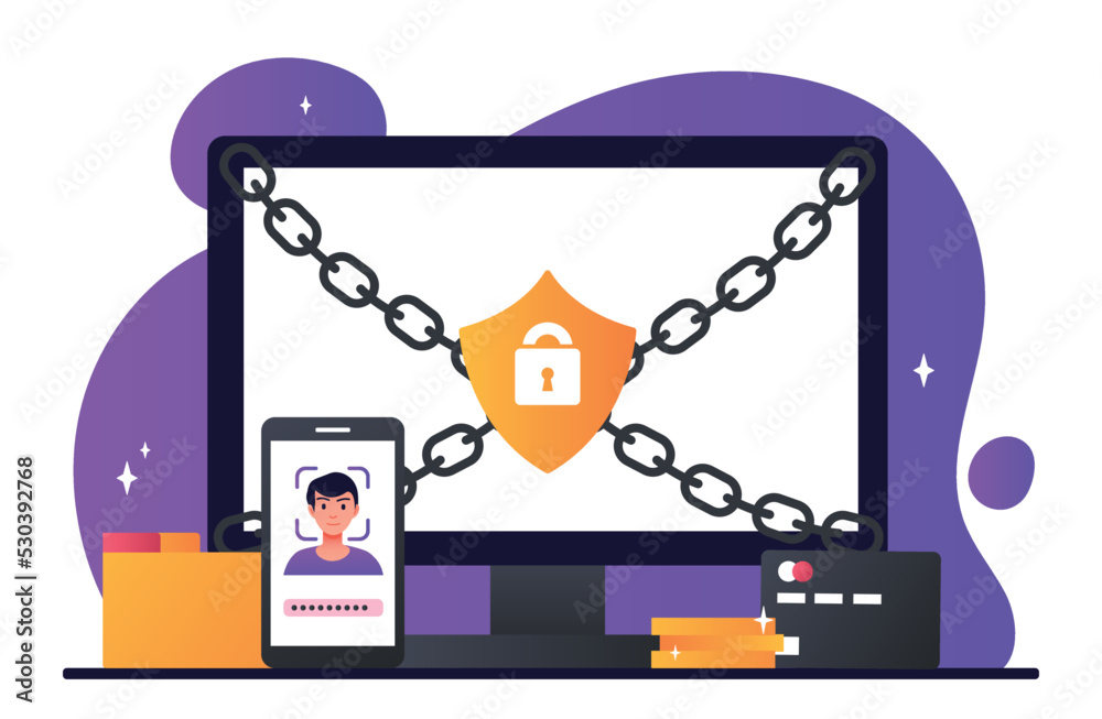 Cyber security concept. Computer monitor behind chains. Antivirus to ...