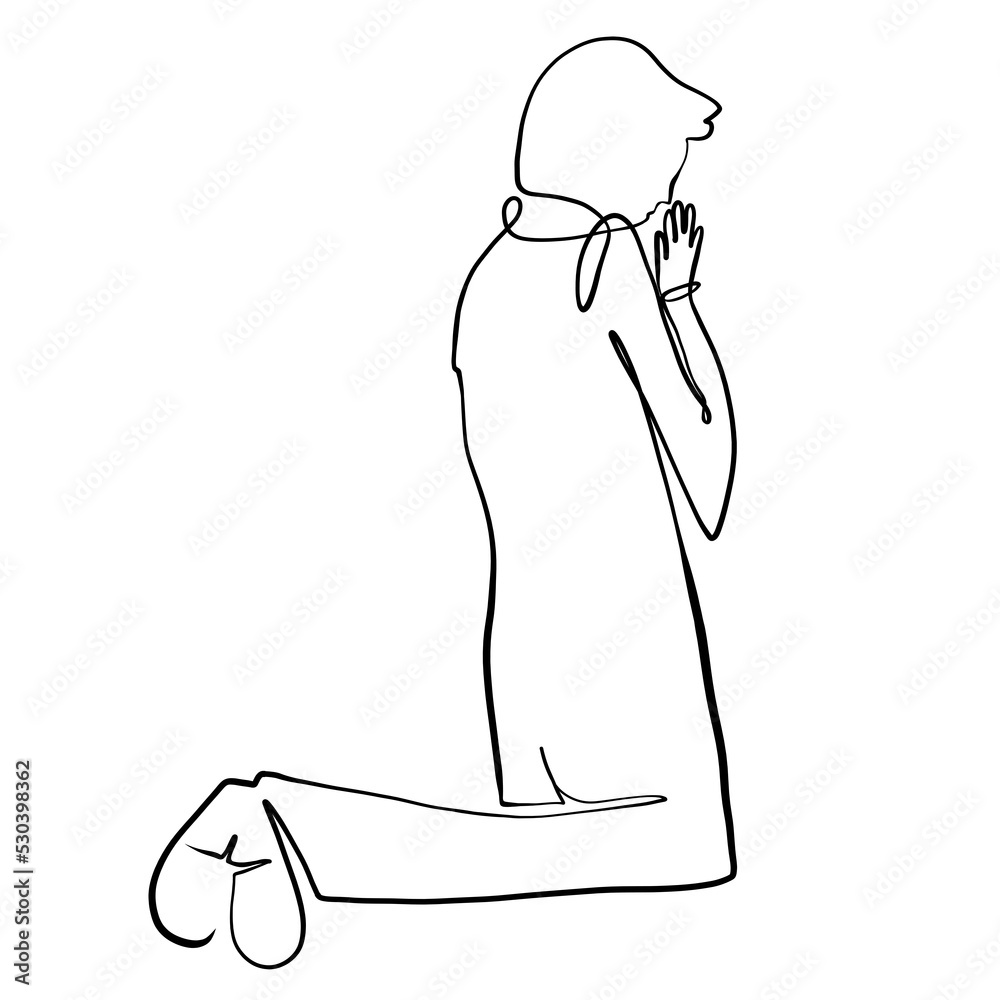 man praying to God, kneeling, creative continuous line silhouette ...