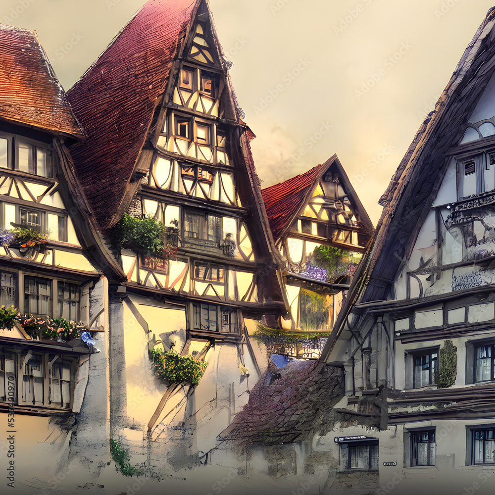 concept art of rothenburg, fantasy, medival, half timbered house Stock ...