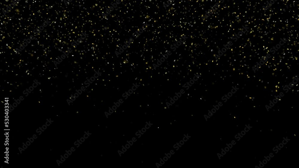 Golden confetti particles falling down loop animation on clean black ...