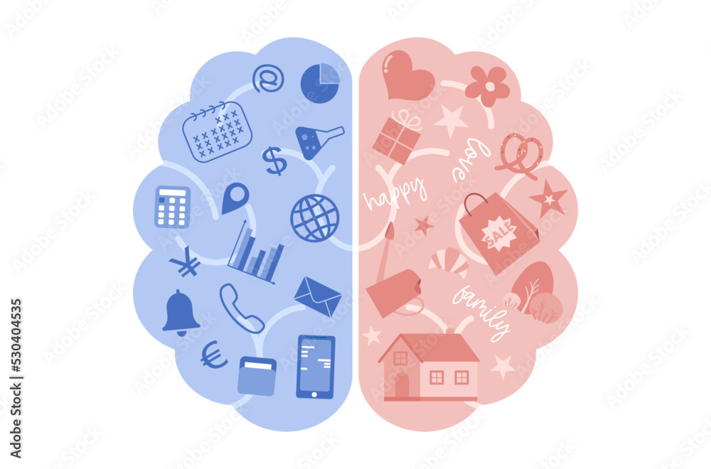 Flat design of work life balance concept, left brain and right brain ...