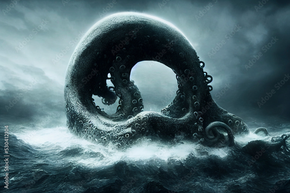 Poster Giant sea monster, terrifying squid alien paintning – Wall Art ...