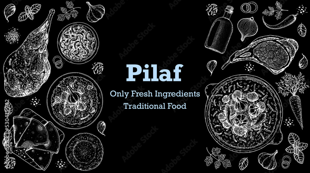 Pilaf cooking and ingredients for pilaf, sketch illustration. Middle ...
