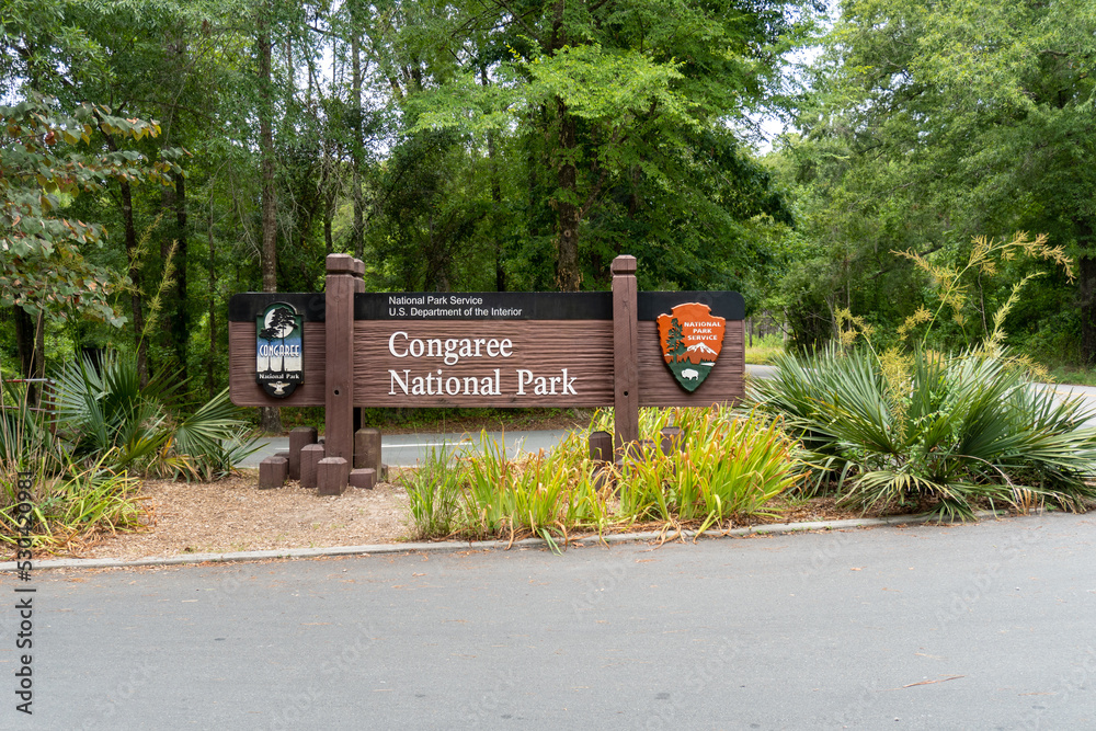 Congaree National Park entrance sign. South Carolina park preserves ...