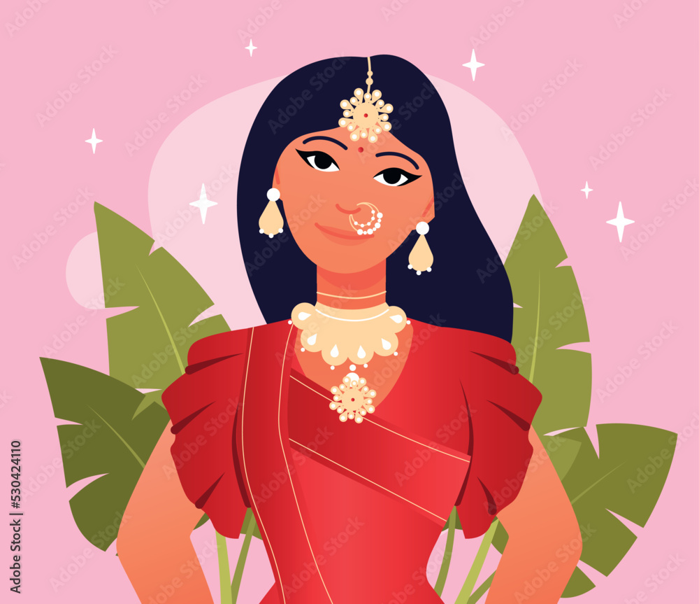 Indian bride concept. Young beautiful girl on background of leaves ...