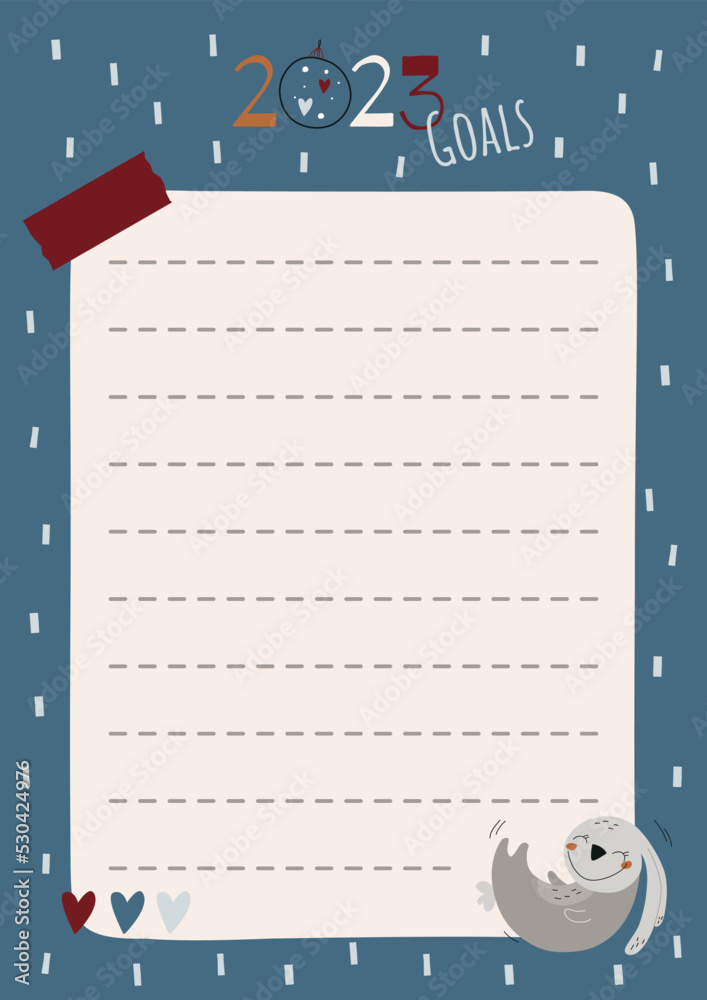 Cute goals list with funny rabbit. Printable vector template. Kids ...