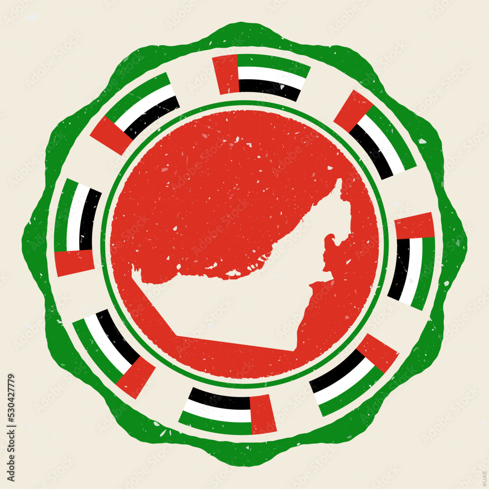 UAE vintage sign. Grunge round logo with map and flags of UAE ...