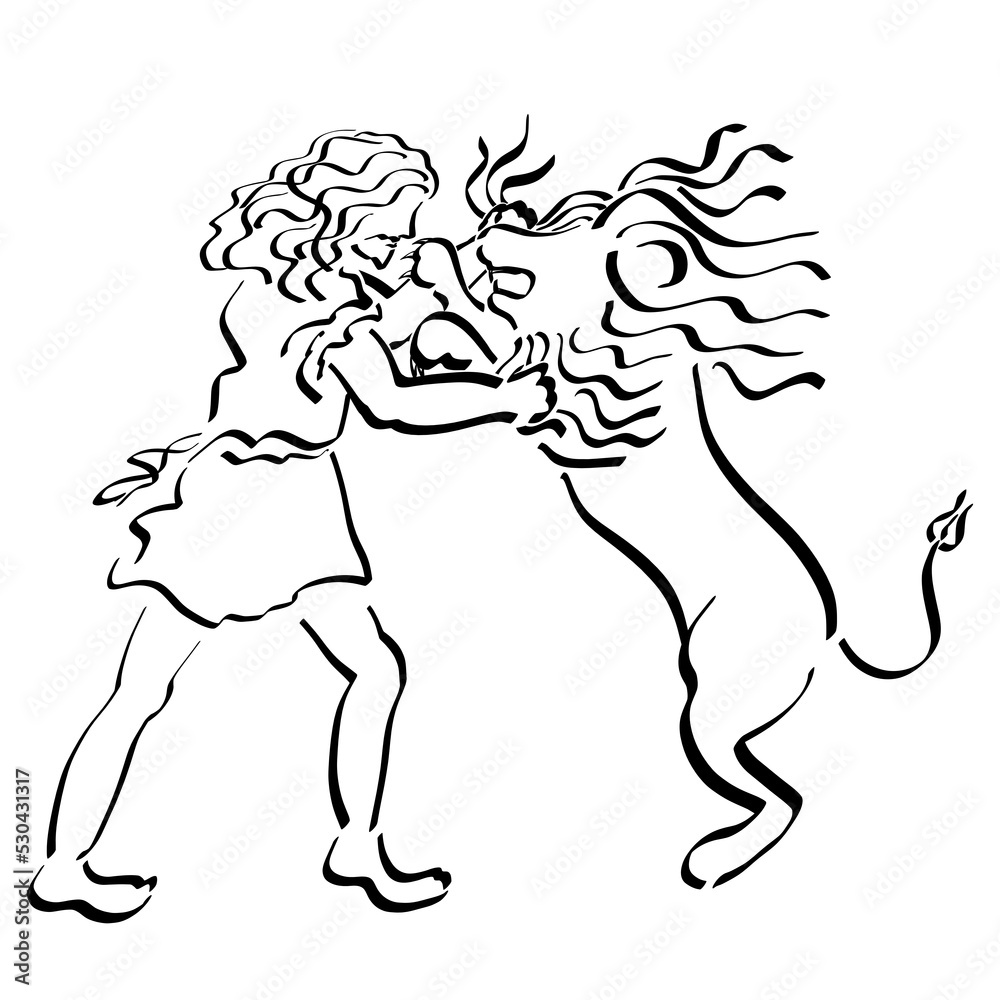 strong biblical hero Samson wrestles with a lion, black outline on ...