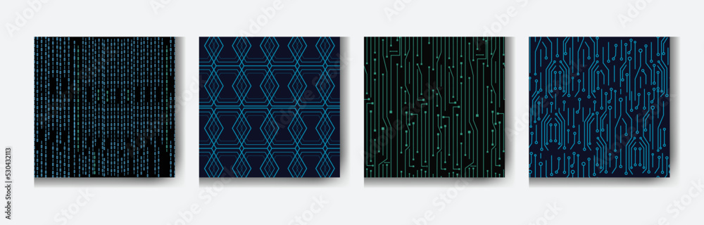 Set of seamless circuit cyber patterns. Collection of digital high-tech style vector backgrounds ...