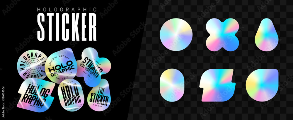 Holographic stickers. Hologram labels of different shapes. Colored ...